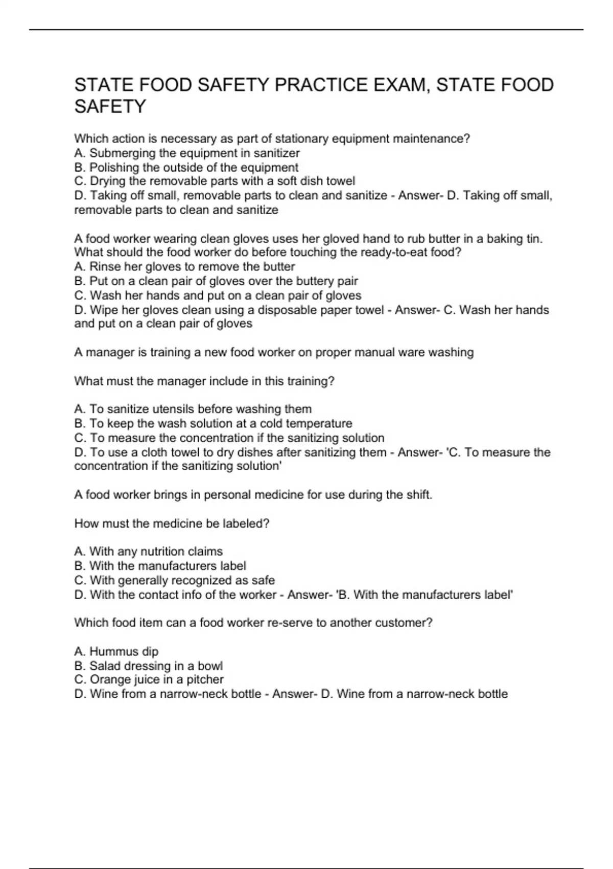 STATE FOOD SAFETY PRACTICE EXAM, STATE FOOD SAFETY - STATE FOOD SAFETY ...