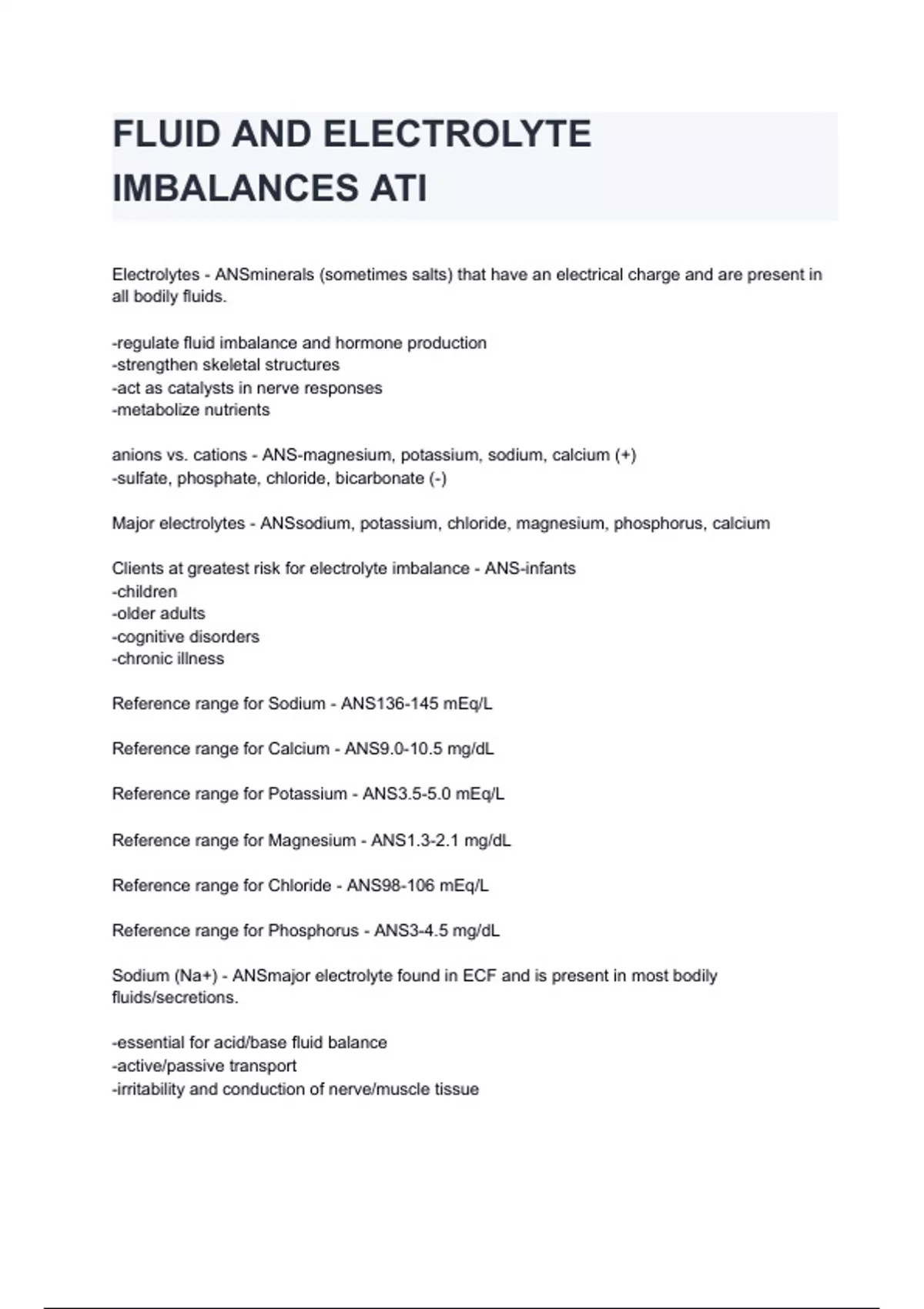 FLUID AND ELECTROLYTE IMBALANCES ATI 2024/2025 graded A+ by experts ...