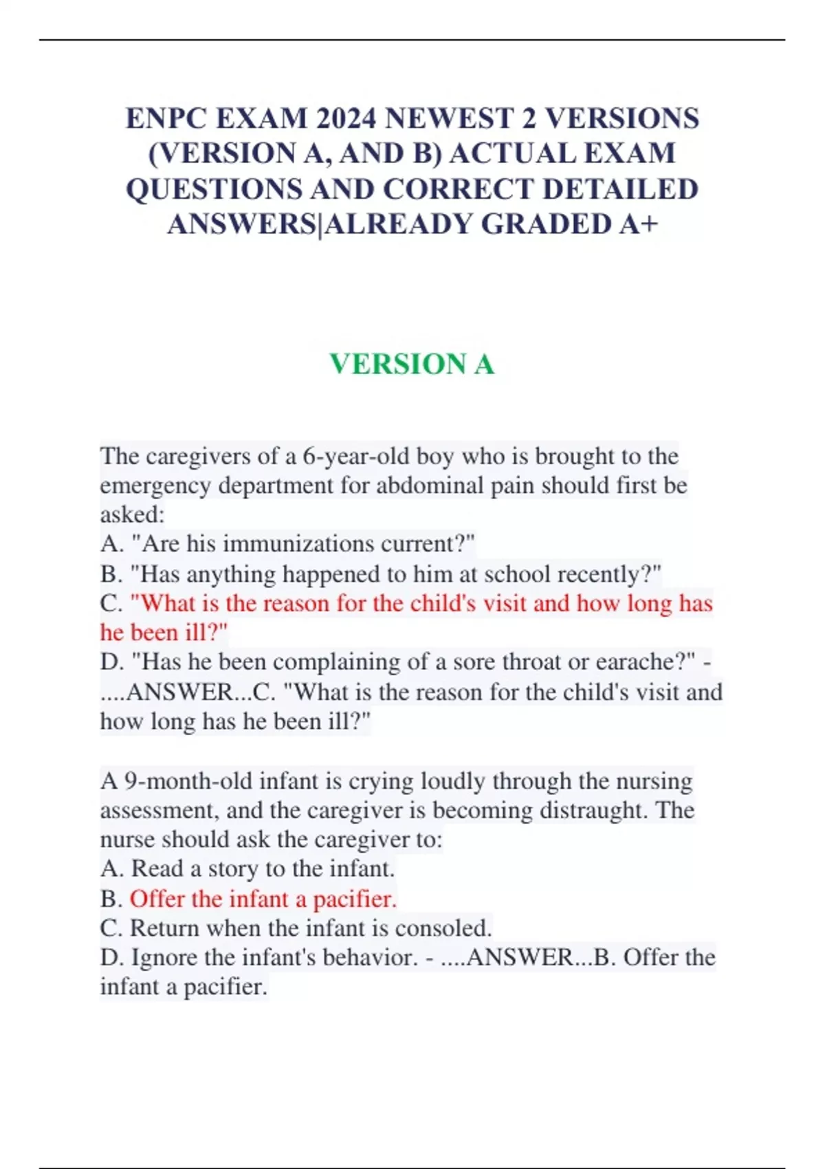 ENPC EXAM 2024 NEWEST 2 VERSIONS (VERSION A, AND B) ACTUAL EXAM ...