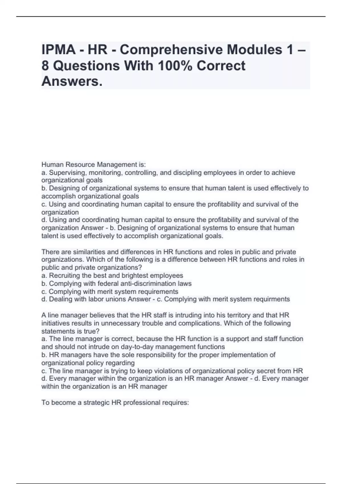 IPMA - HR - Comprehensive Modules 1 – 8 Questions With 100% Correct Answers. - IPMA HR - Stuvia US