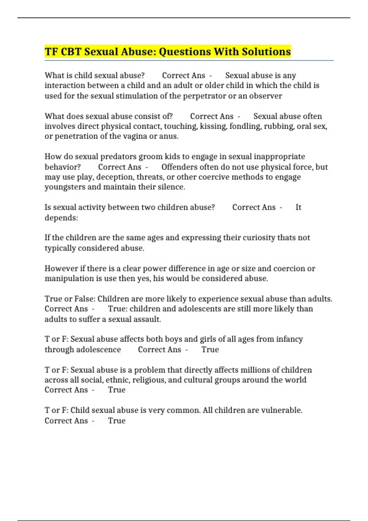 TF CBT Sexual Abuse: Questions With Solutions - TF-CBT - Stuvia US