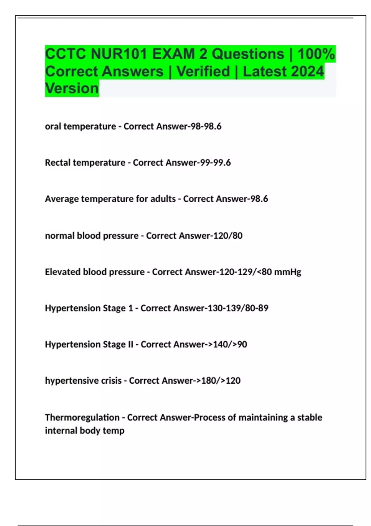 CCTC NUR101 EXAM 2 Questions | 100% Correct Answers | Verified | Latest ...