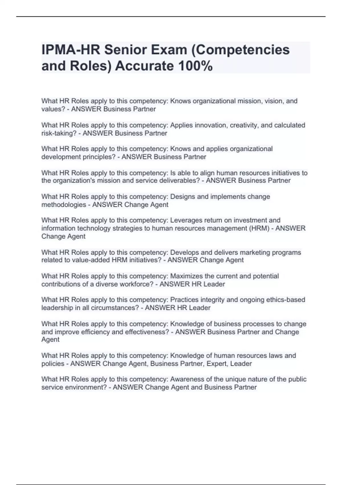 IPMA-HR Senior Exam (Competencies and Roles) Accurate 100% - IPMA-HR - Stuvia US