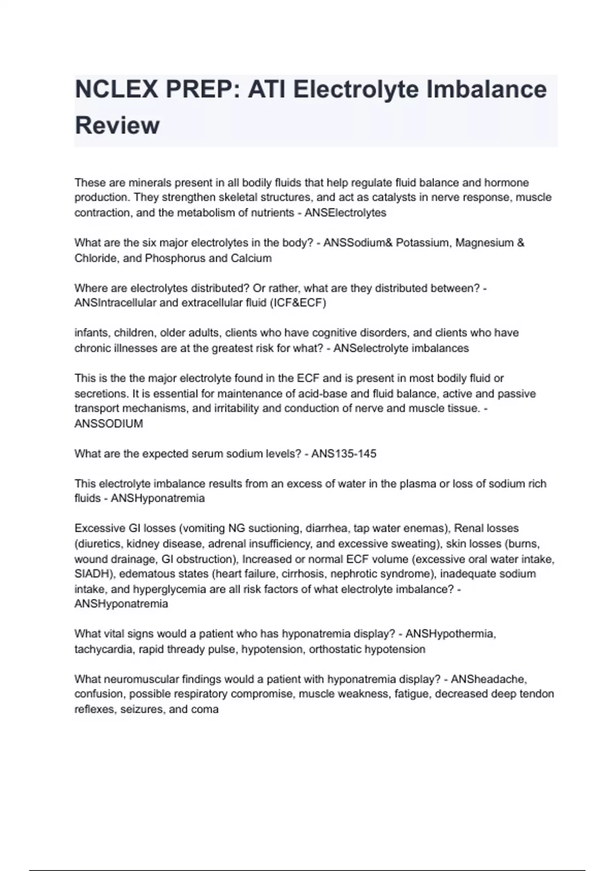 NCLEX PREP: ATI Electrolyte Imbalance Review 2024/2025 graded A+ by ...