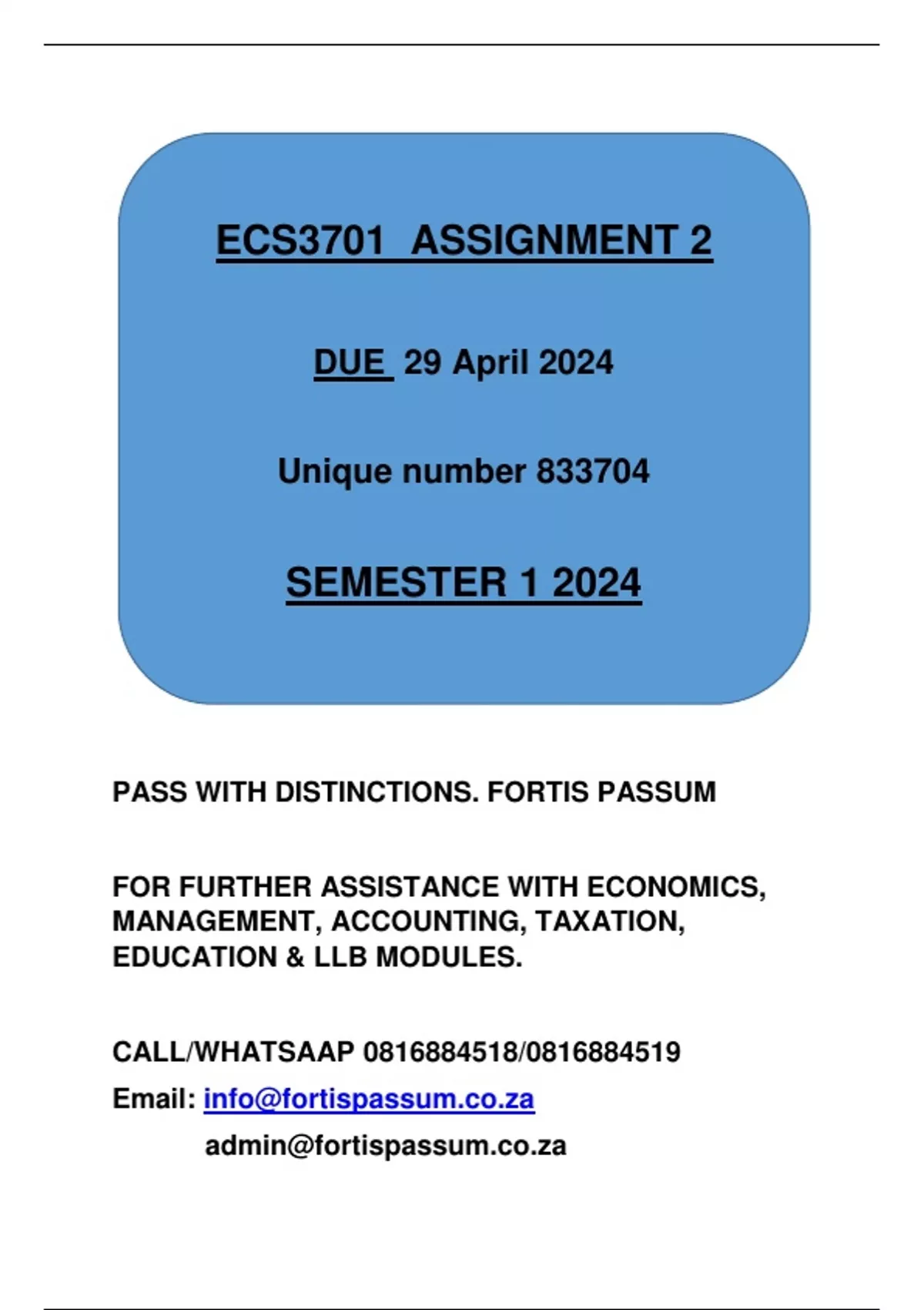 ECS3701 ASSIGNMENT 2 (UNIQUE 833704) SEMESTER 1 2024 - Educational Studies in context (ECS3701 ...