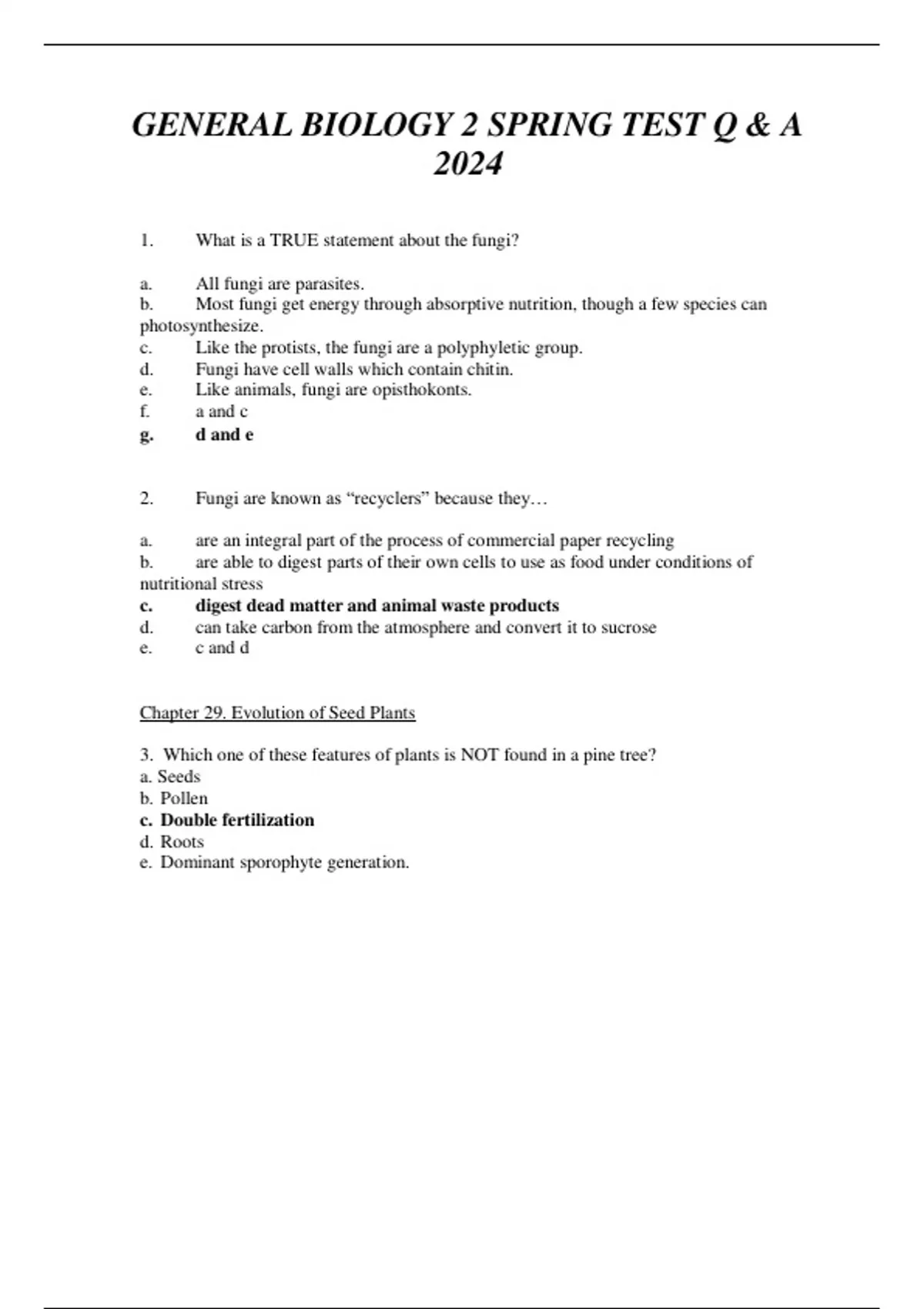 GENERAL BIOLOGY 2 SPRING TEST Q & A 2024.p - CHEM210 - Stuvia US