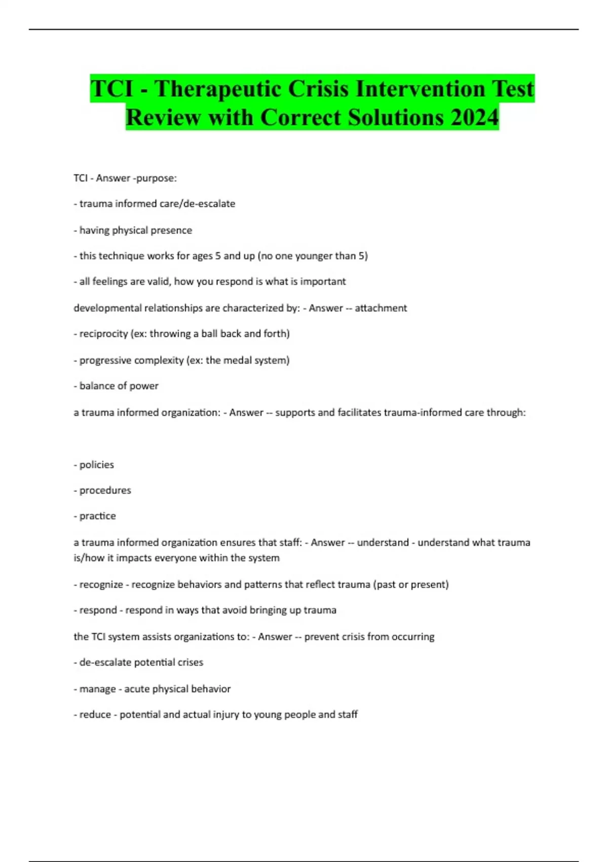 TCI - Therapeutic Crisis Intervention Test Review with Correct ...