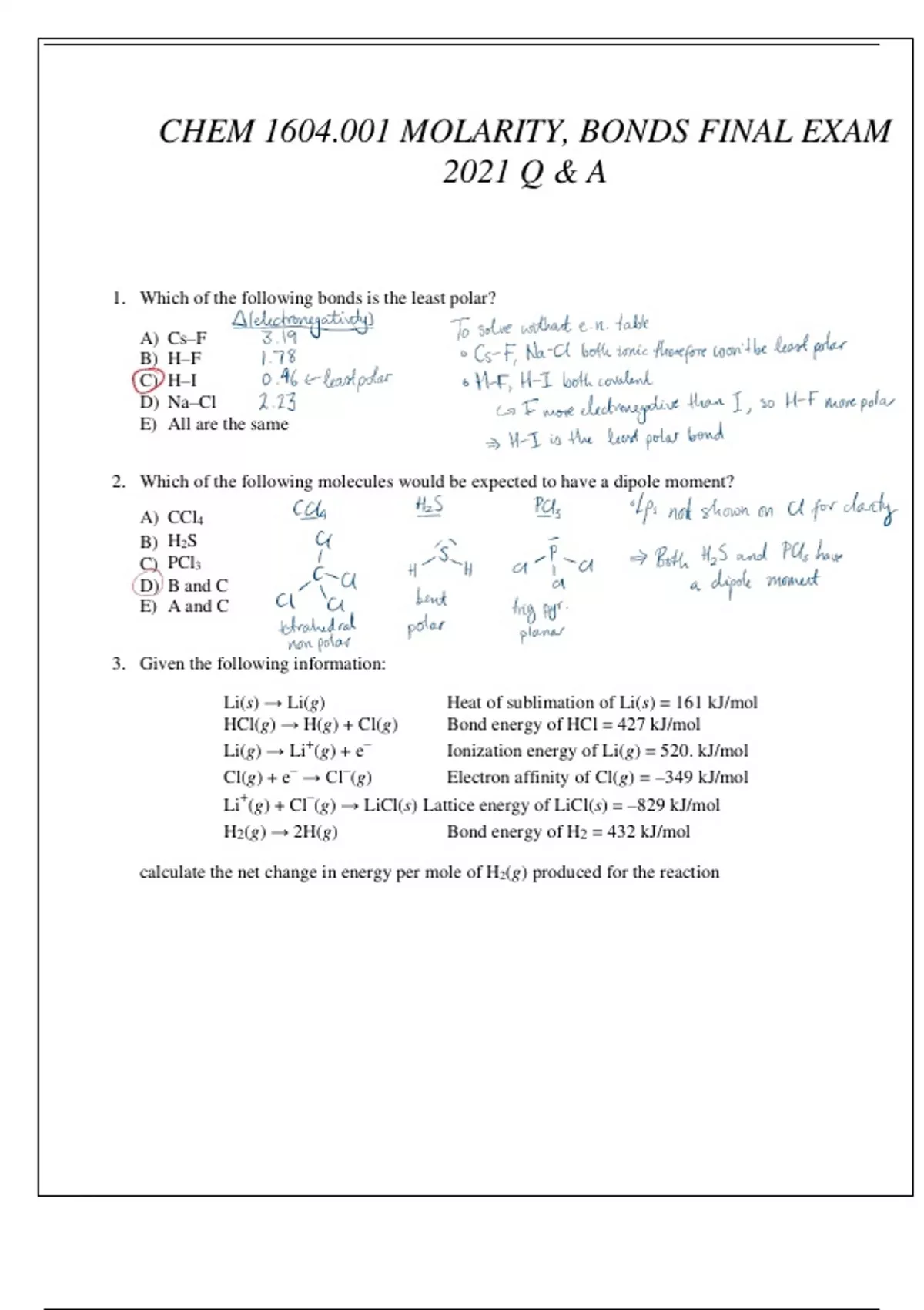 CHEM 1604.001 MOLARITY , BONDS ADVANCED CHEM FINAL EXAM Q & A 2021 (Banard Uni) - Chemistry ...