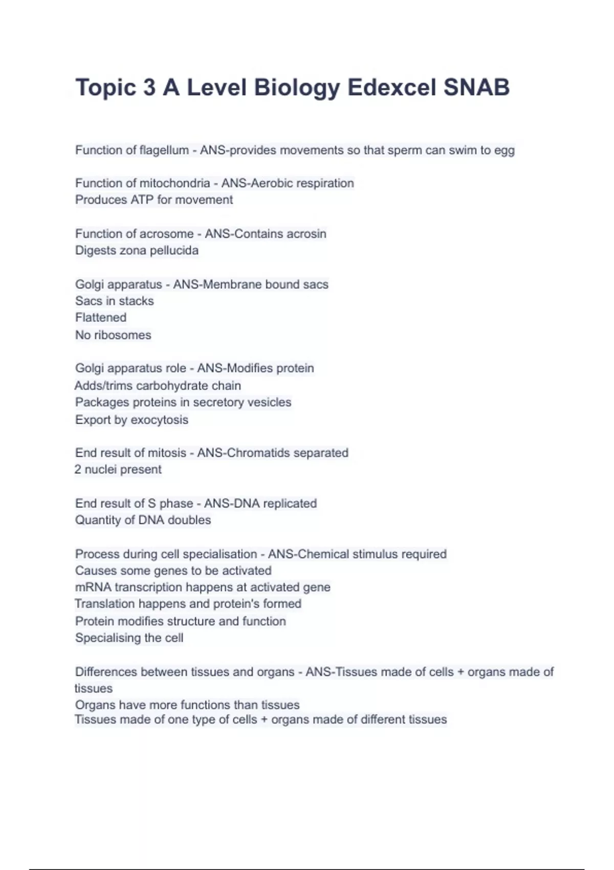 Topic 3 A Level Biology Edexcel SNAB - Biology SNAB - Stuvia US