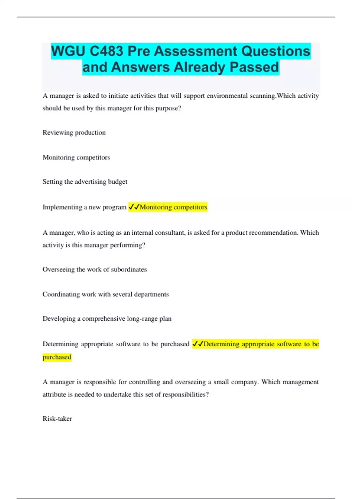 WGU C483 Pre Assessment Questions and Answers Already Passed - WGU ...