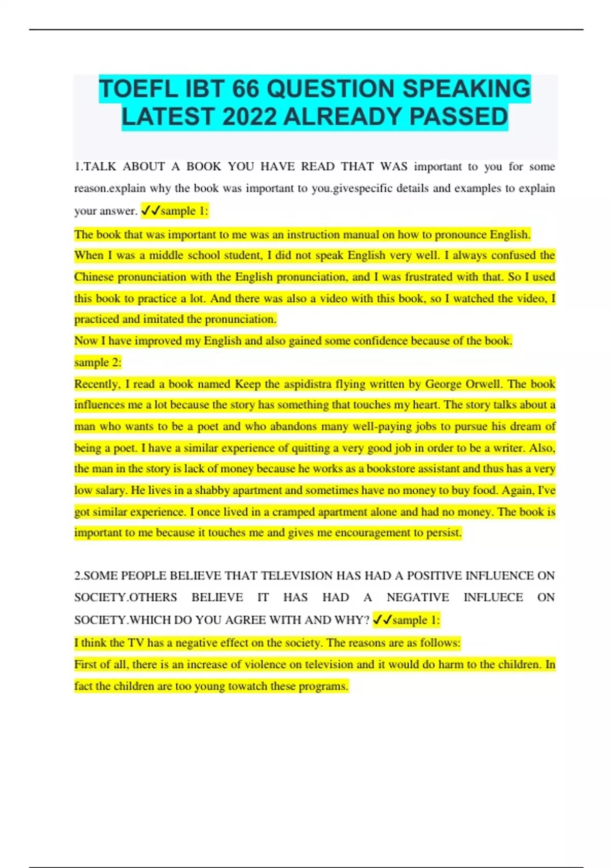 TOEFL IBT 66 QUESTION SPEAKING LATEST ALREADY PASSED - Toefl ibt ...