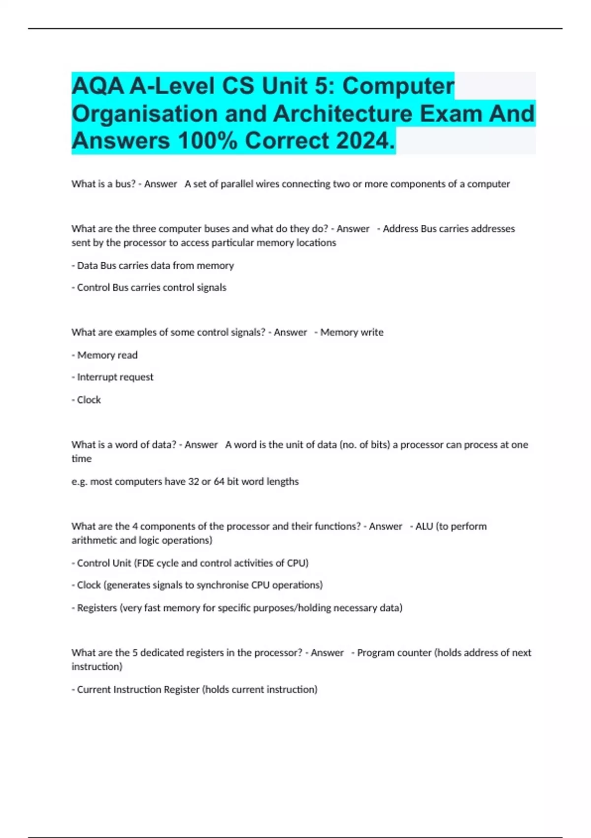 AQA A-Level CS Unit 5: Computer Organisation and Architecture Exam And Answers 100% Correct 2024 ...