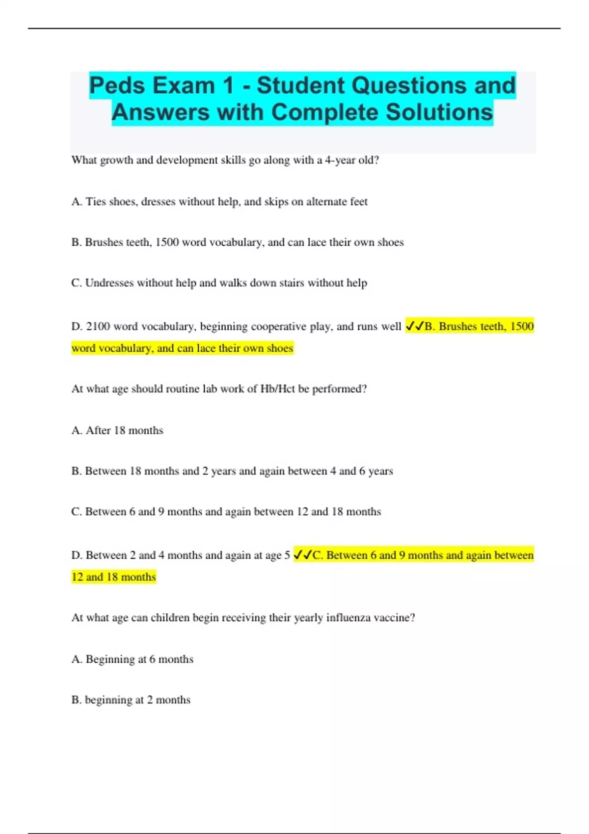 Peds Exam 1 - Student Questions and Answers with Complete Solutions ...