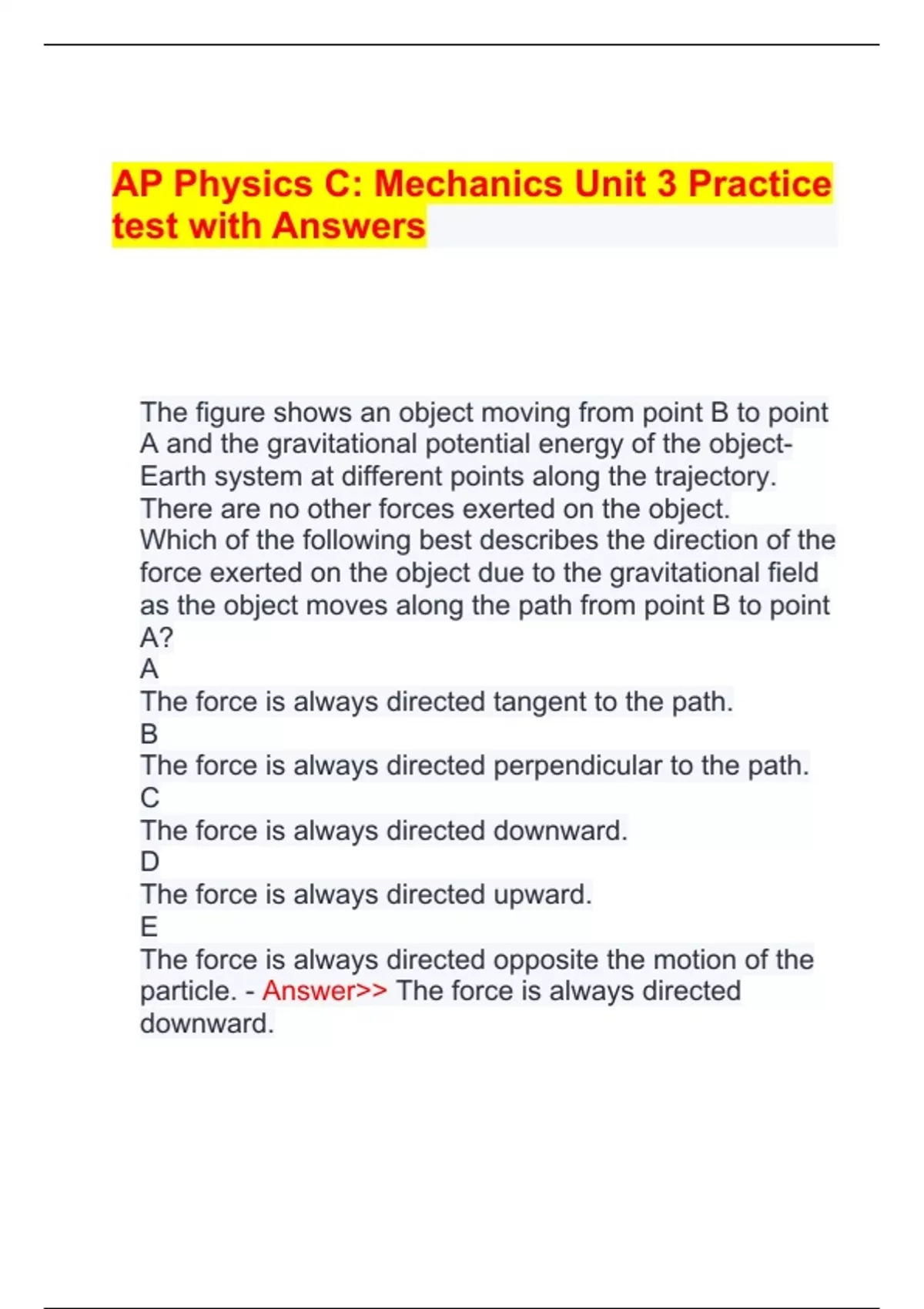AP Physics C: Mechanics Unit 3 Practice test with Answers - AP Physics ...