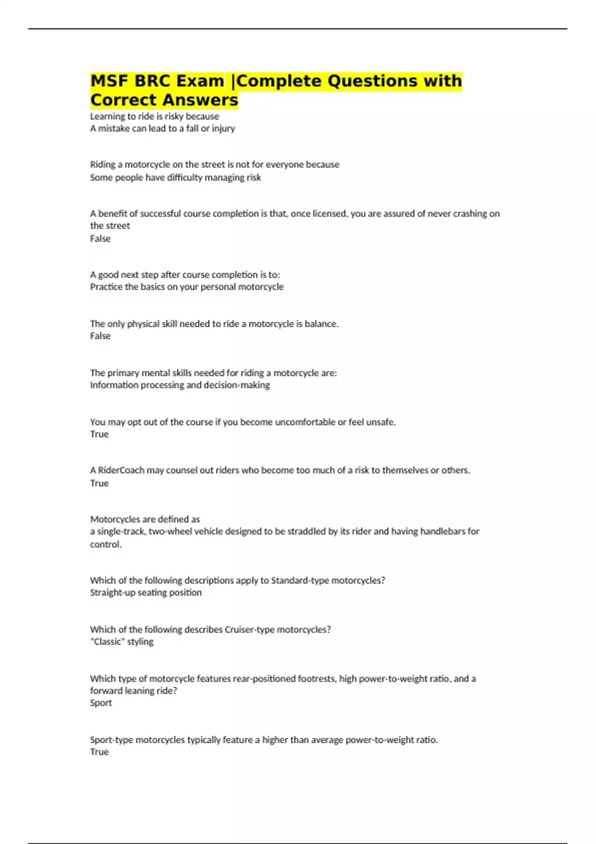 MSF BRC Exam |Complete Questions with Correct Answers 100% Verified ...