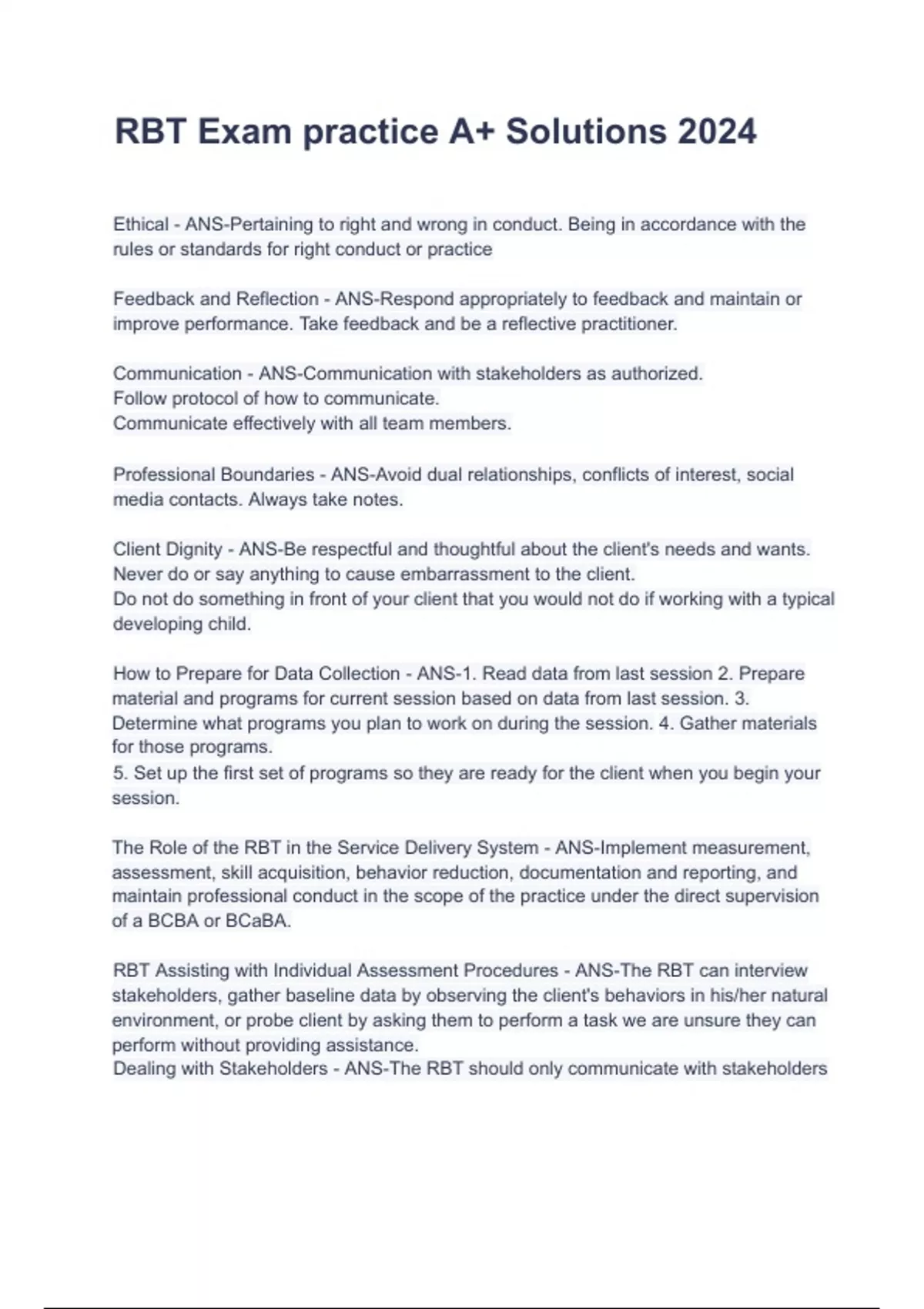 RBT Exam practice A+ Solutions 2024 - DIFFERENT COURSES BUNDLES - Stuvia US