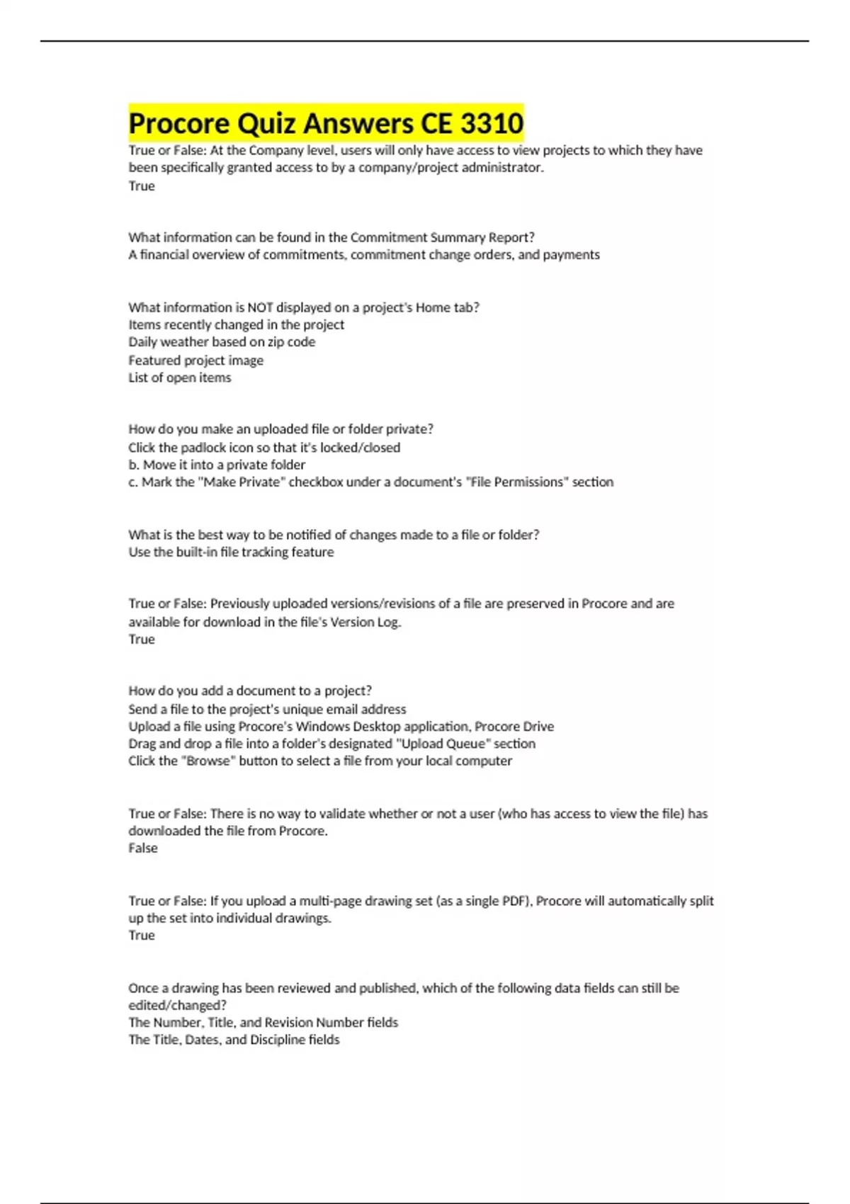 Procore Quiz Answers CE 3310 |Complete With A+ Graded Answers - Procore ...