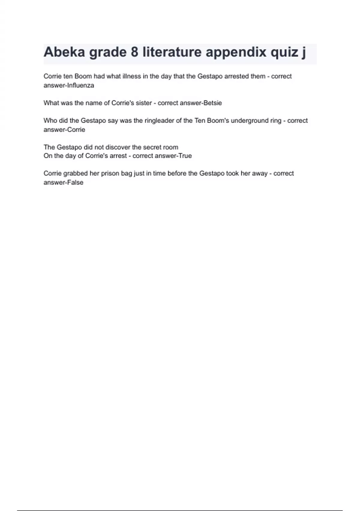 Abeka grade 8 literature appendix quiz j questions & answers - Abeka ...