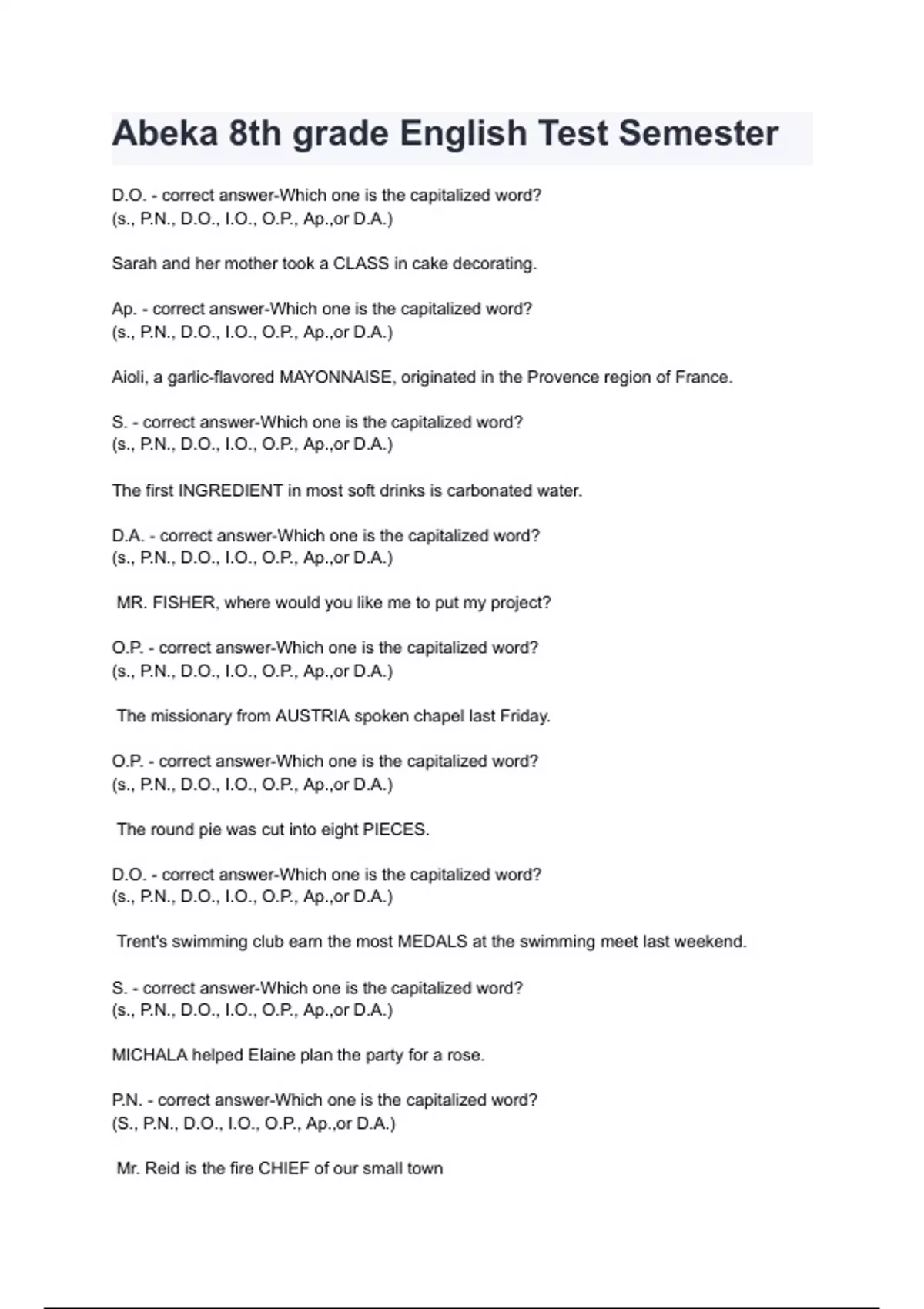 Abeka 8th grade English Test Semester questions & answers - Abeka ...