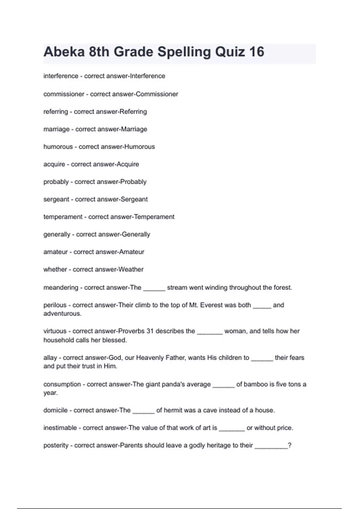 Abeka 8th Grade Spelling Quiz 16 questions & answers - Abeka - Stuvia US