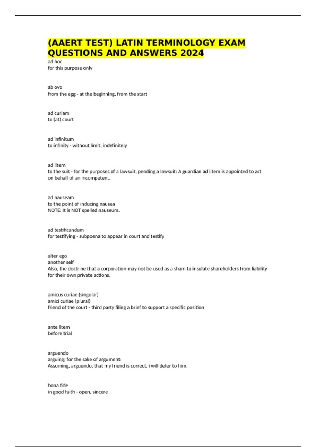(AAERT TEST) LATIN TERMINOLOGY EXAM QUESTIONS AND ANSWERS 2024 - AAERT ...