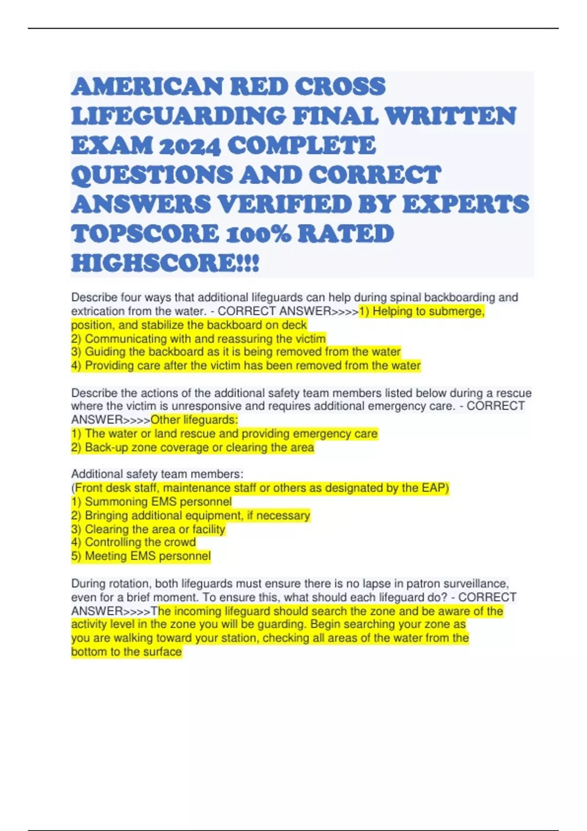AMERICAN RED CROSS LIFEGUARDING FINAL WRITTEN EXAM 2024 COMPLETE QUESTIONS AND CORRECT ANSWERS ...