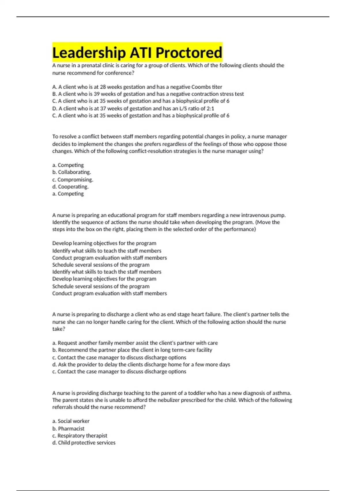 Leadership ATI Proctored - ATI Leadership - Stuvia US