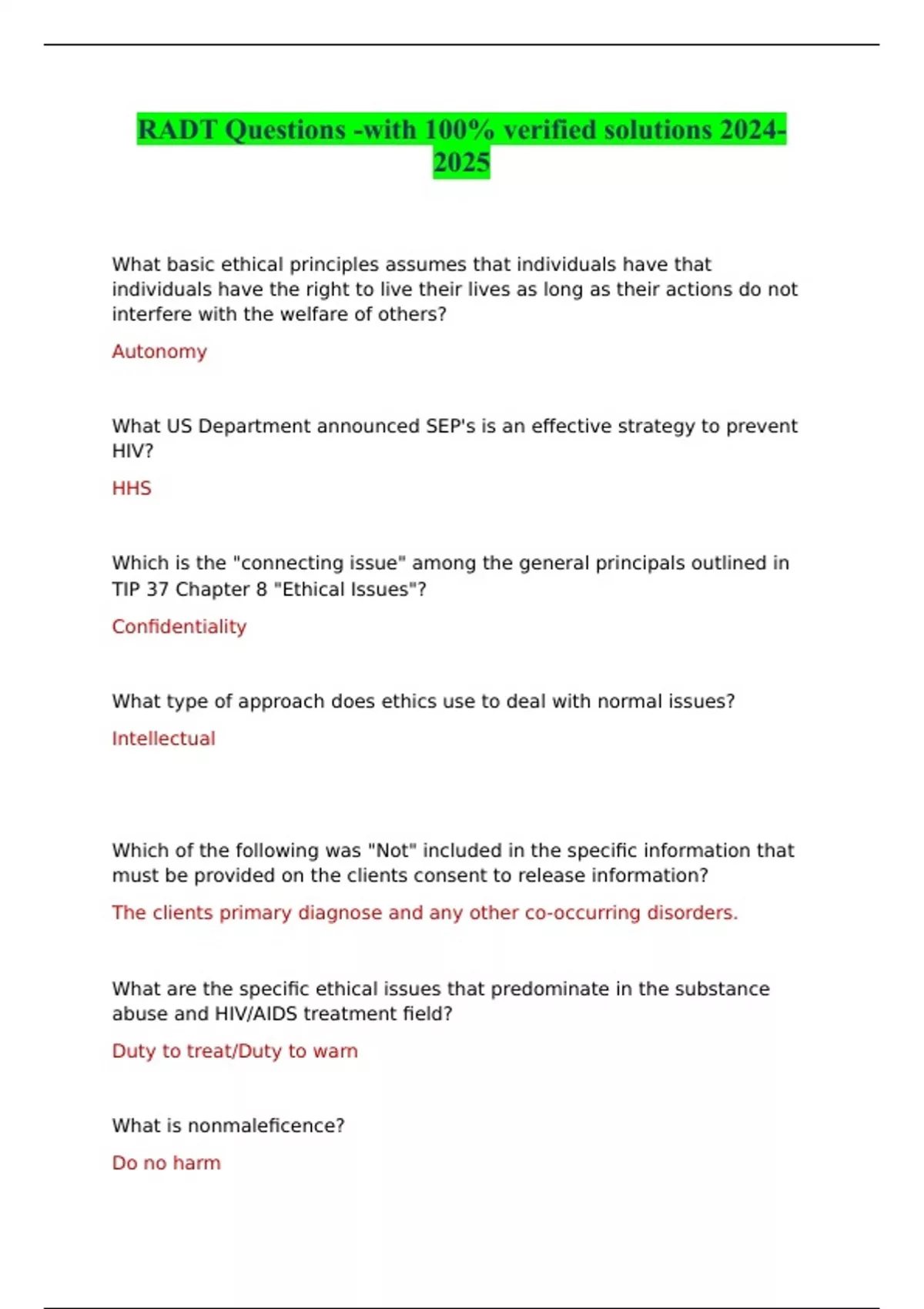 RADT Questions -with 100% verified solutions - RADT - Stuvia US