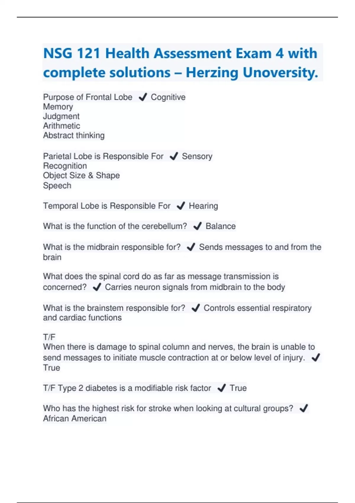 NSG 121 Health Assessment Exam 4 with complete solutions |Latest 2024/ ...