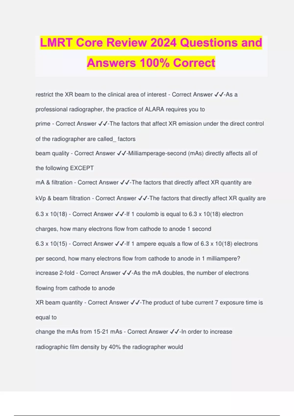 LMRT Core Review 2024 Questions and Answers 100% Correct - LMRT - Stuvia US