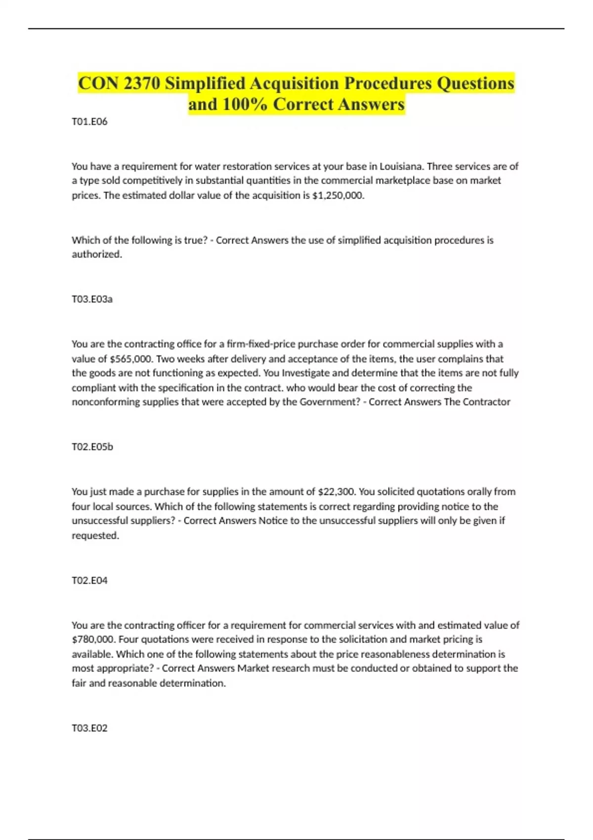 CON 2370 Simplified Acquisition Procedures Questions and 100% Correct ...
