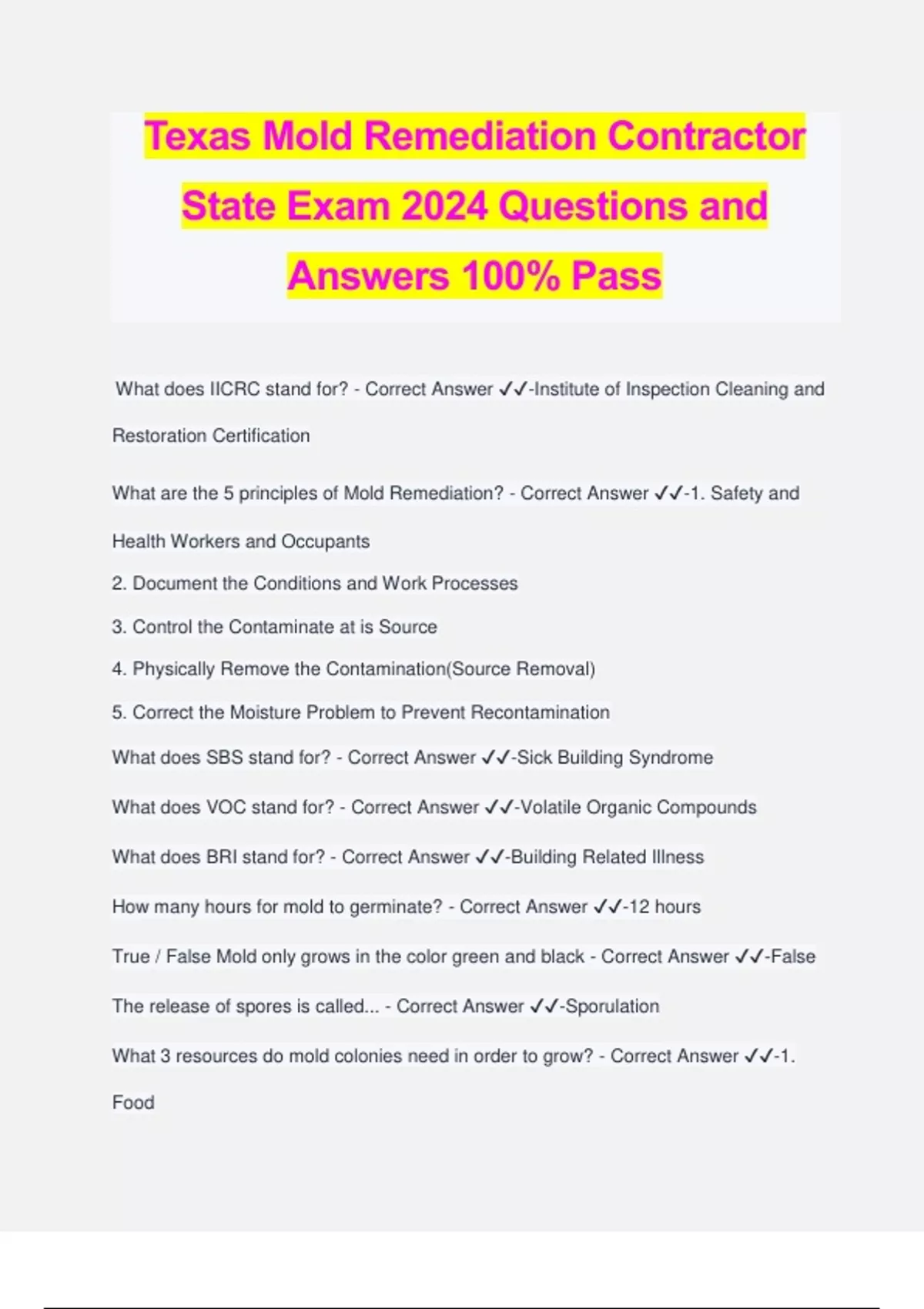 Texas Mold Remediation Contractor State Exam 2024 Questions and Answers ...