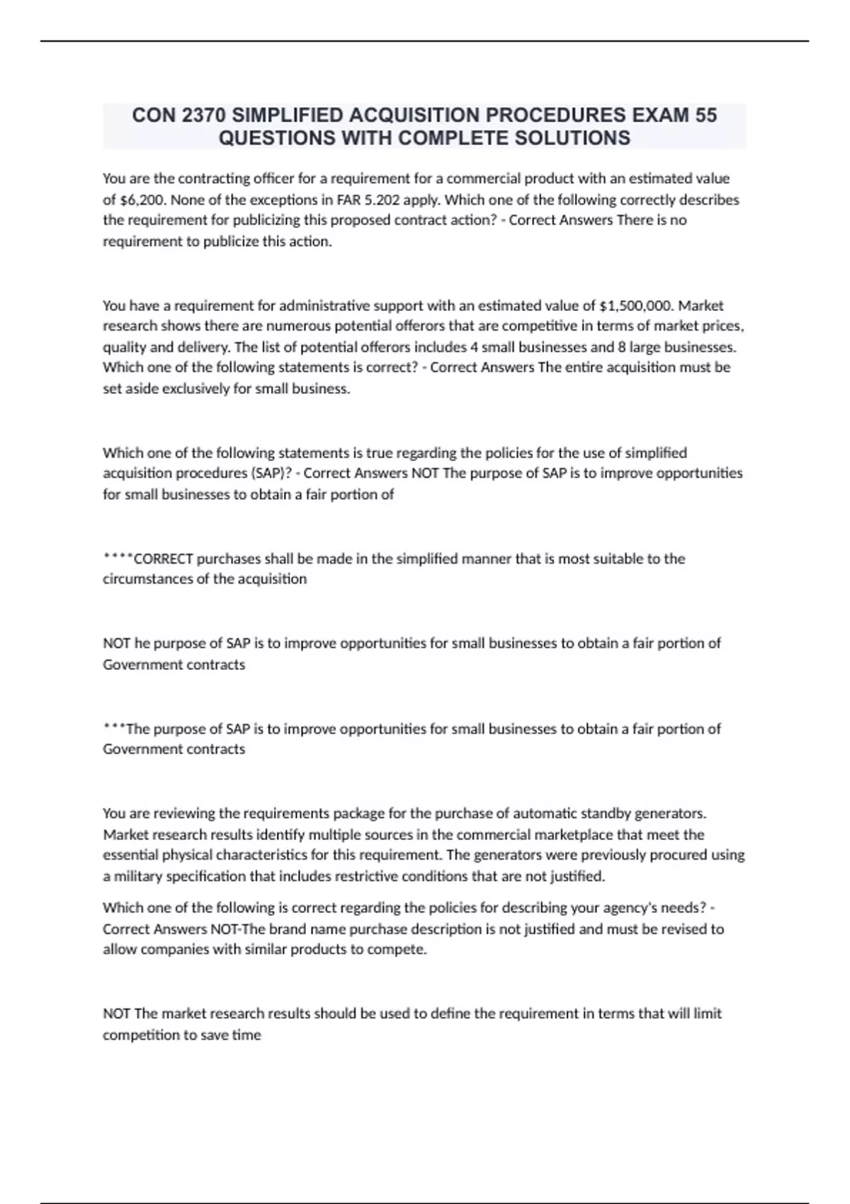 CON 2370 SIMPLIFIED ACQUISITION PROCEDURES EXAM 55 QUESTIONS WITH ...