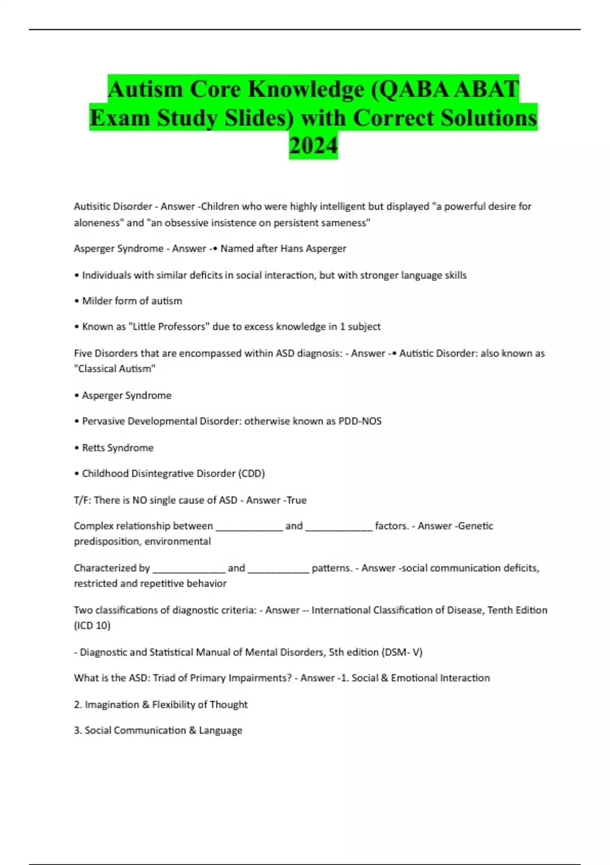 Autism Core Knowledge (QABA ABAT Exam Study Slides) with Correct ...