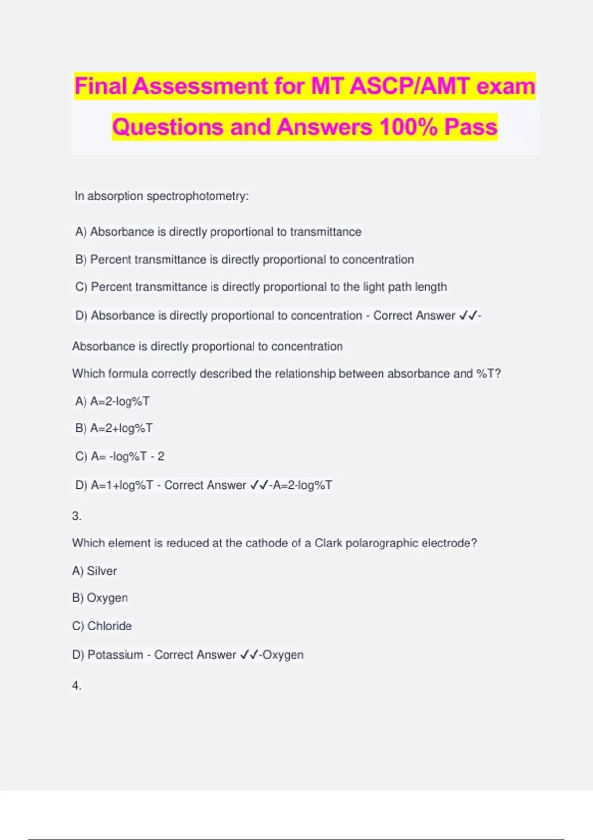 Final Assessment for MT ASCP/AMT exam Questions and Answers 100% Pass ...