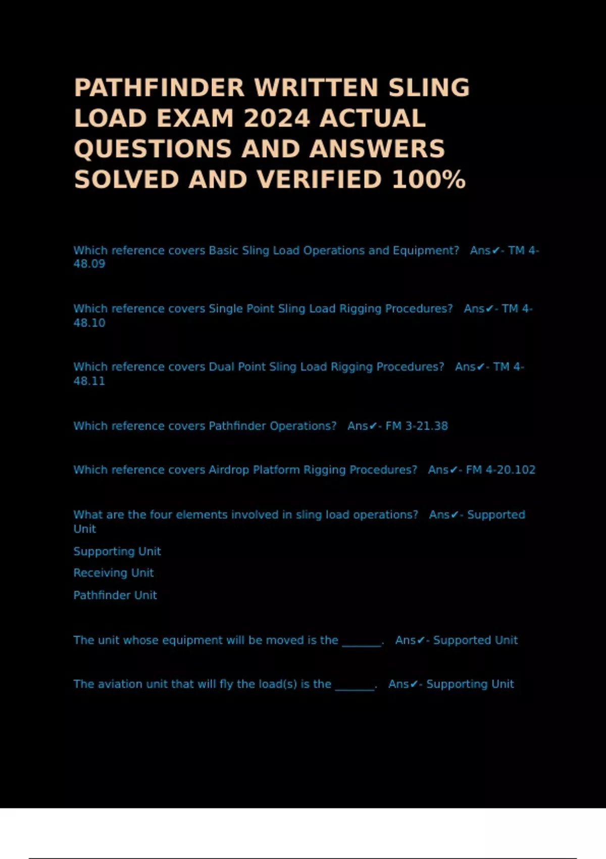 PATHFINDER WRITTEN SLING LOAD EXAM 2024 ACTUAL QUESTIONS AND ANSWERS ...
