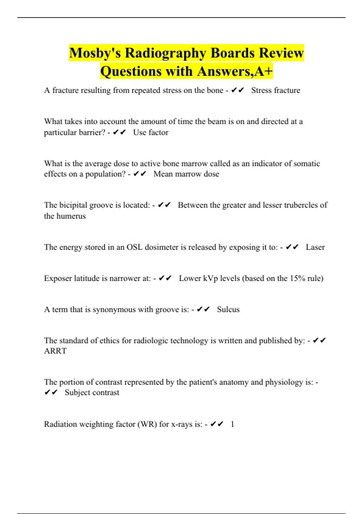 Mosby's Radiography Boards Review Questions with Answers,A+ - Mosby\'s ...