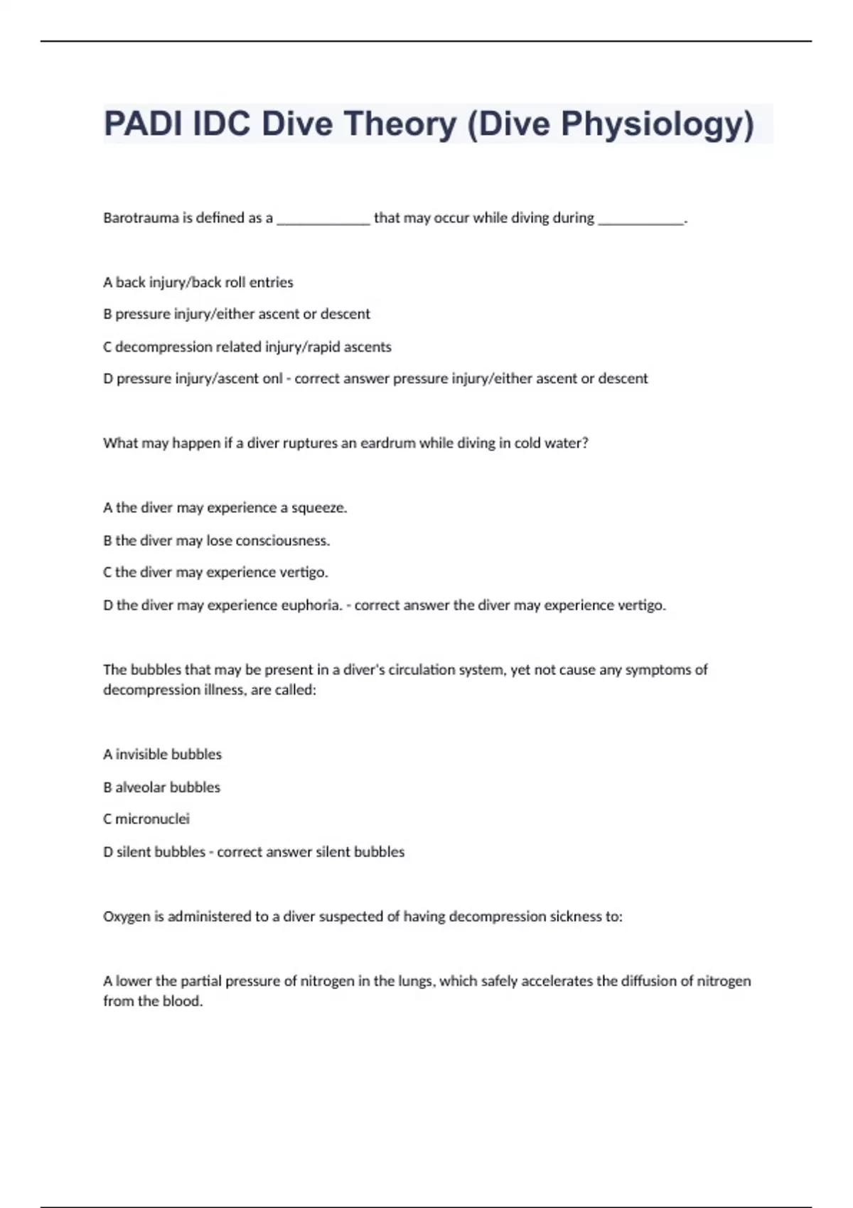 PADI IDC Dive Theory (Dive Physiology) Review Practice Test 2024 ...