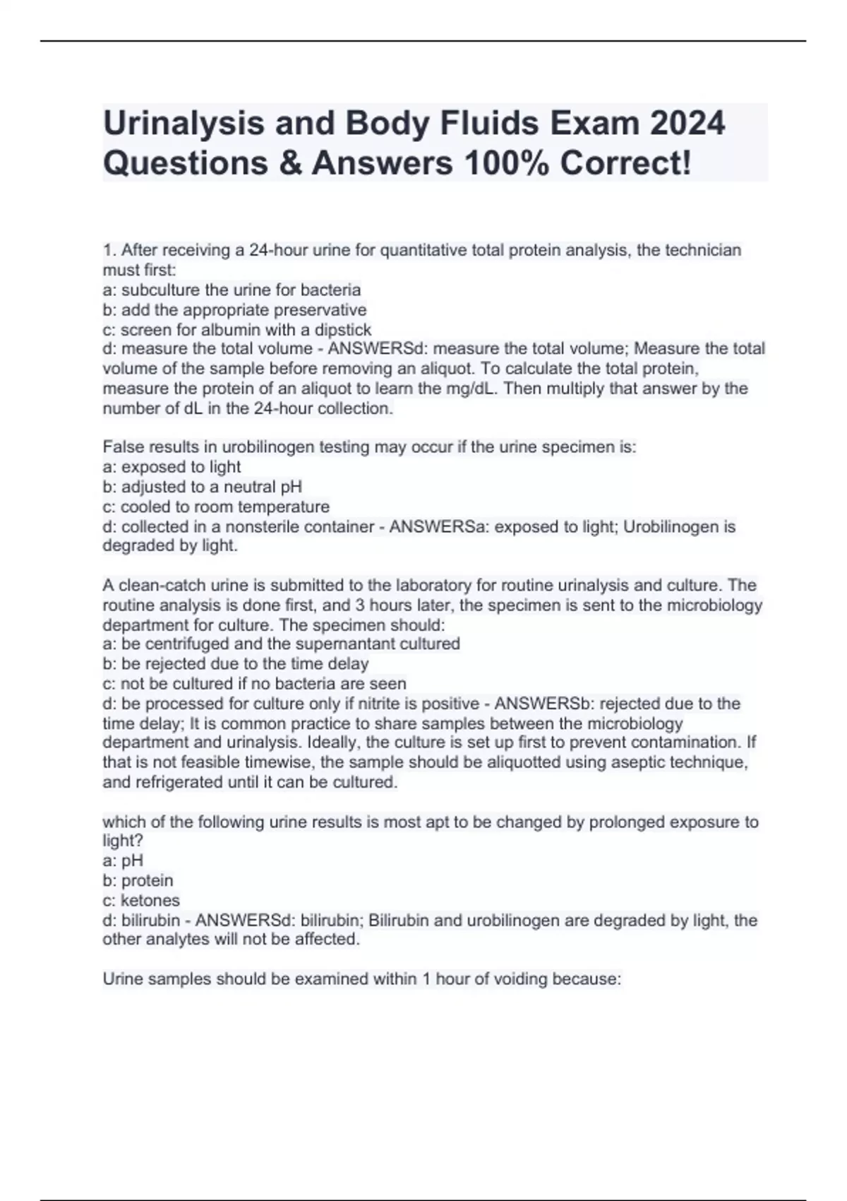 Urinalysis and Body Fluids Exam 2024 Questions & Answers 100% Correct ...