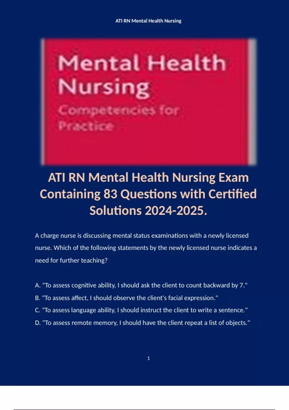 ATI RN Mental Health Nursing Exam Containing 83 Questions with ...