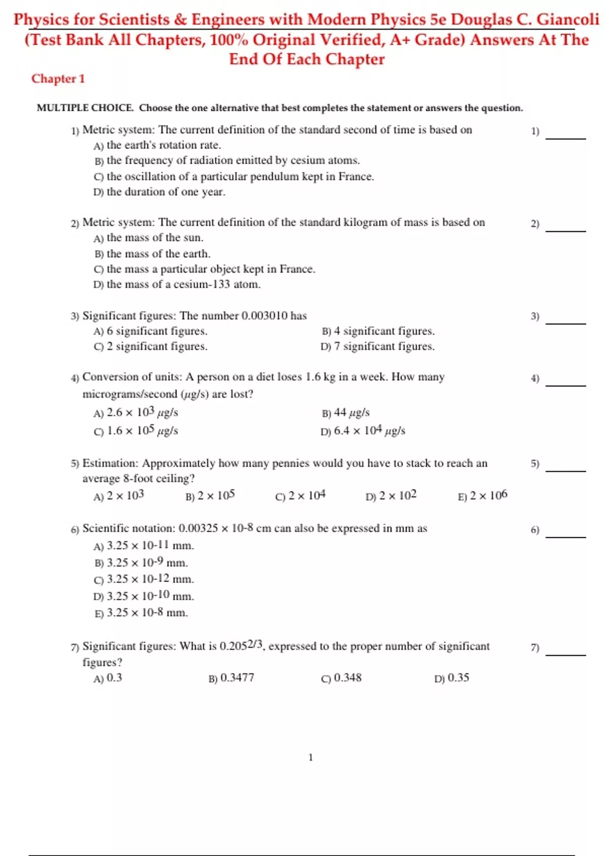 Test Bank for Physics for Scientists & Engineers with Modern Physics ...