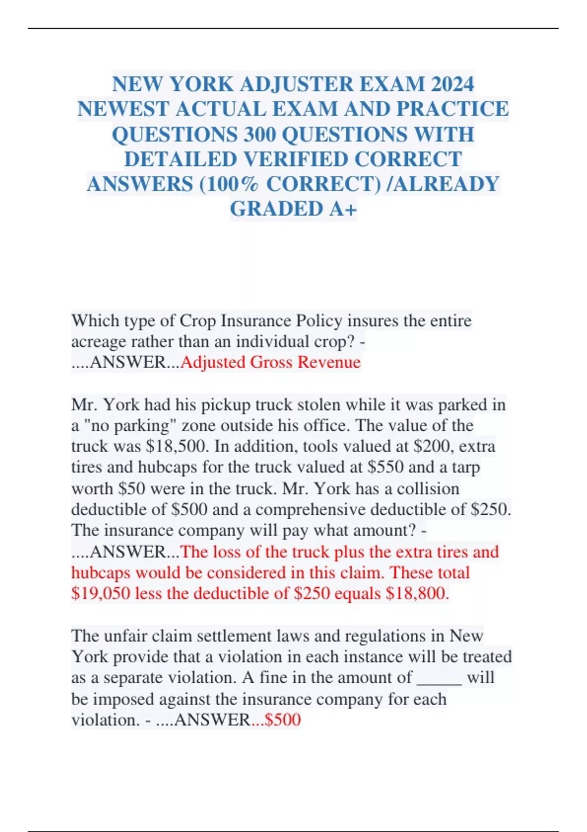 NEW YORK ADJUSTER EXAM 2024 NEWEST ACTUAL EXAM AND PRACTICE QUESTIONS ...