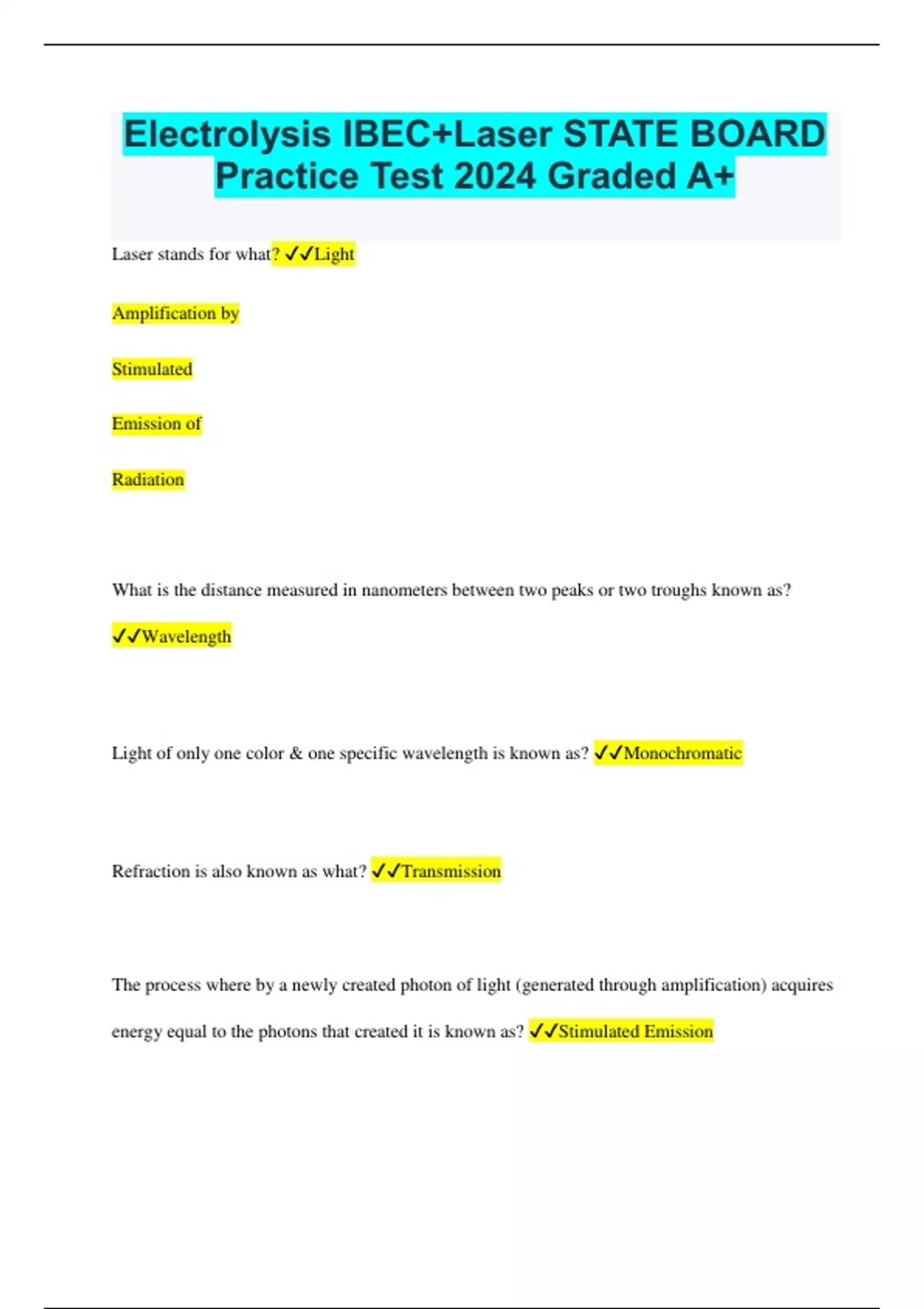 Electrolysis IBEC+Laser STATE BOARD Practice Test 2024 Graded A+ ...