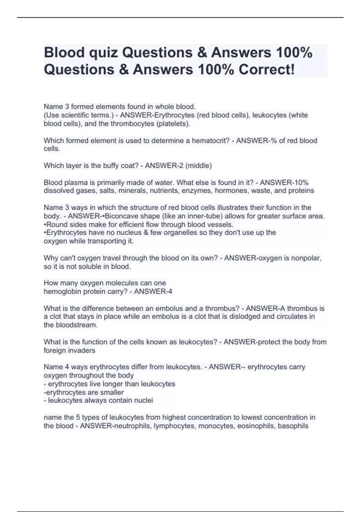 Blood quiz Questions & Answers 100% Questions & Answers 100% Correct ...