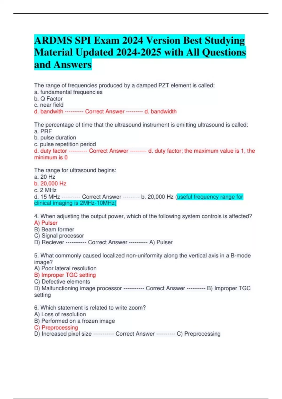 ARDMS SPI Exam 2024 Version Best Studying Material Updated with All Questions and Answers ...