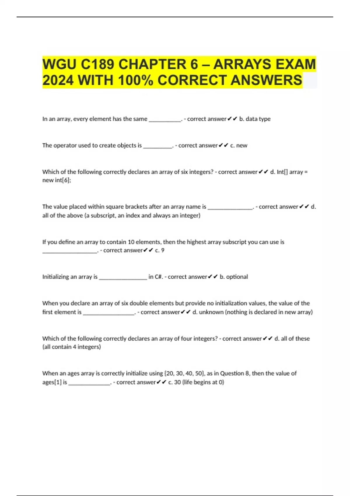 WGU C189 CHAPTER 6 – ARRAYS EXAM 2024 WITH 100% CORRECT ANSWERS - WGU C189 CHAPTER 6 – ARRAYS ...