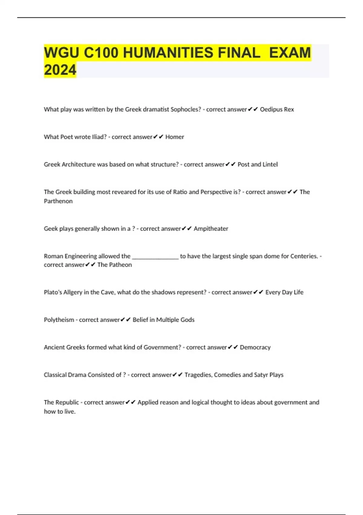WGU C100 HUMANITIES FINAL EXAM 2024 - WGU C100 HUMANITIES - Stuvia US