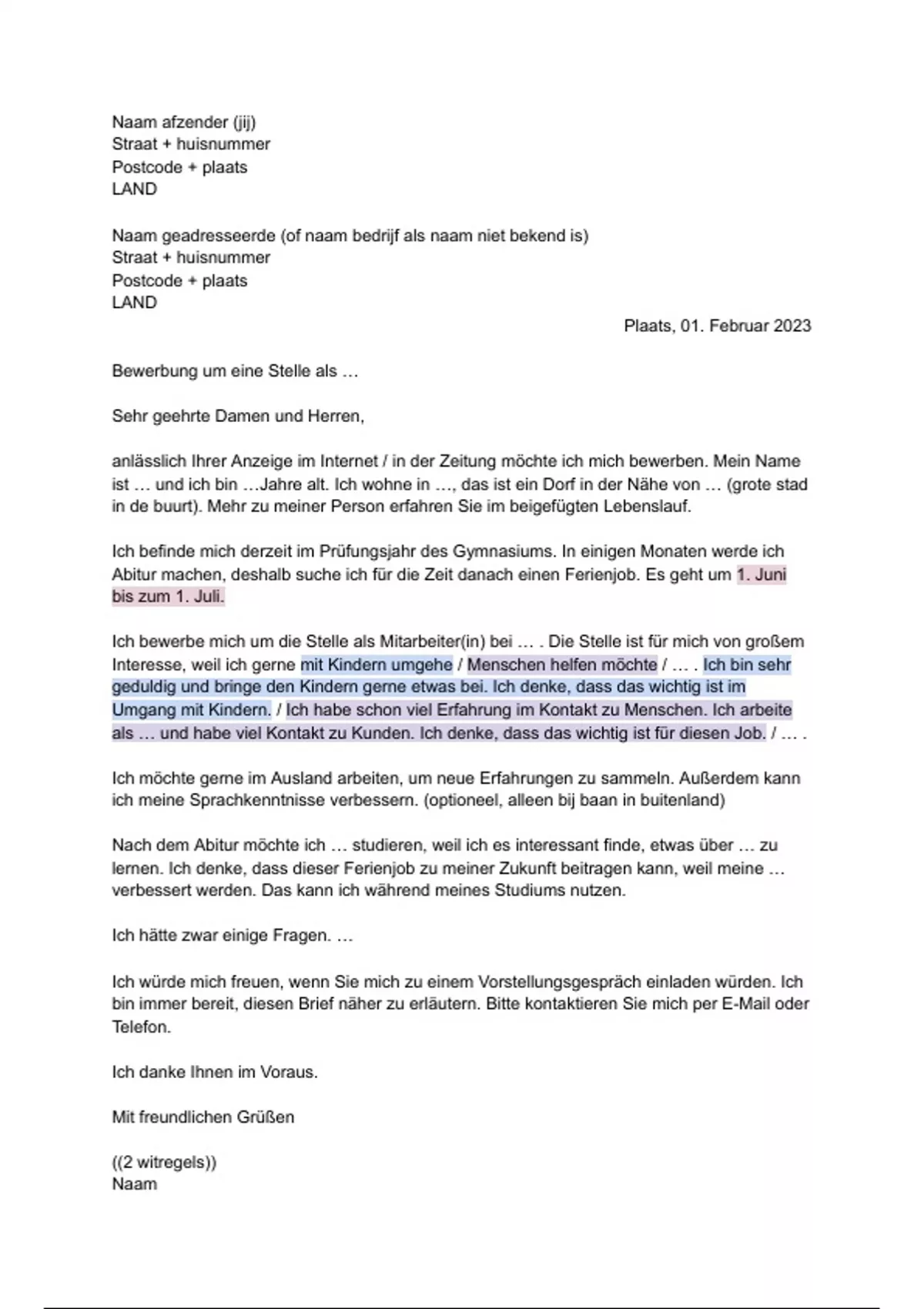 Samenvatting Duits sollicitatiebrief voorbeeld - Duits - Stuvia NL