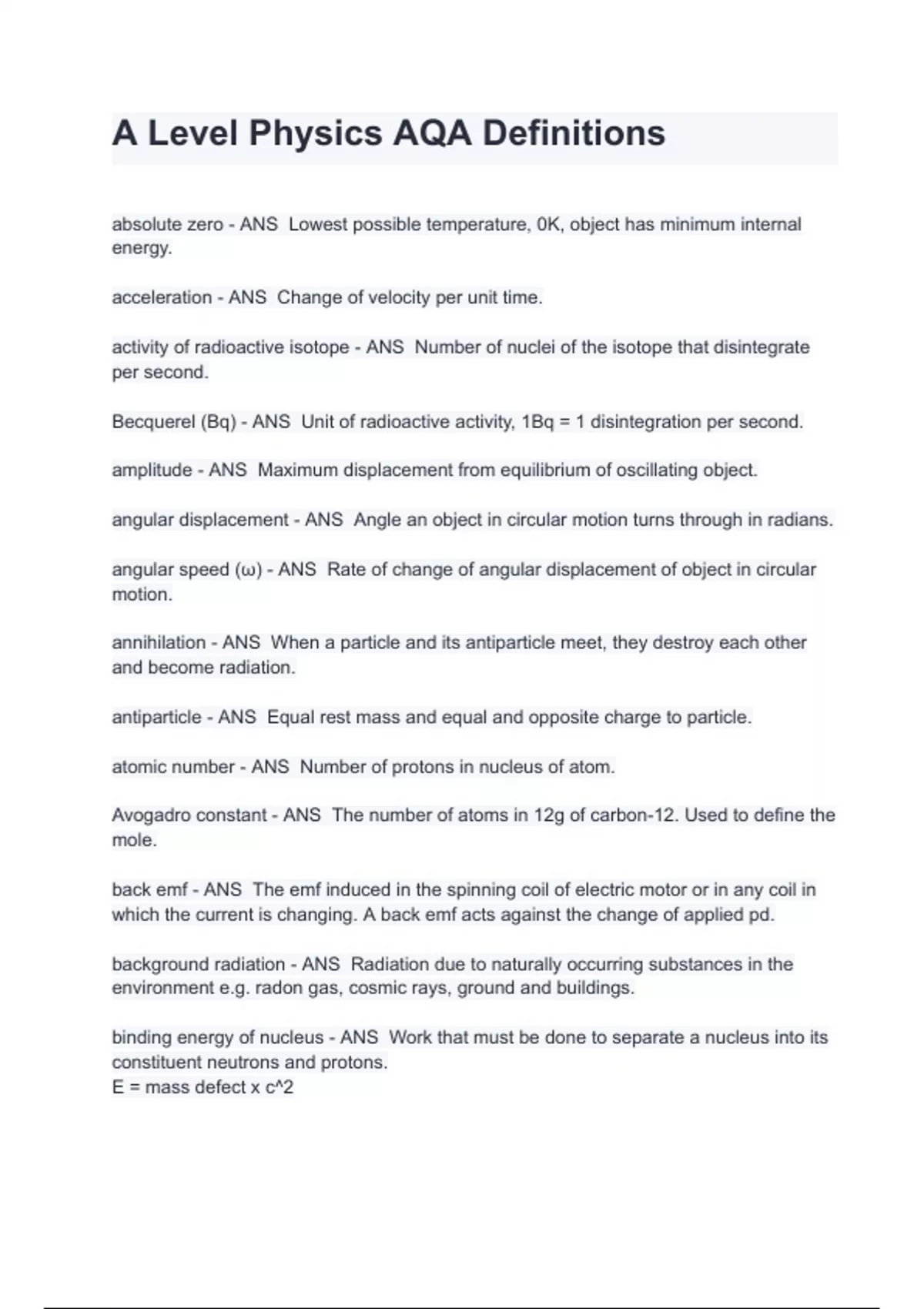 A Level Physics AQA Definitions Exam 2024/2025 Questions With Completed Solutions. - AQA - Stuvia US