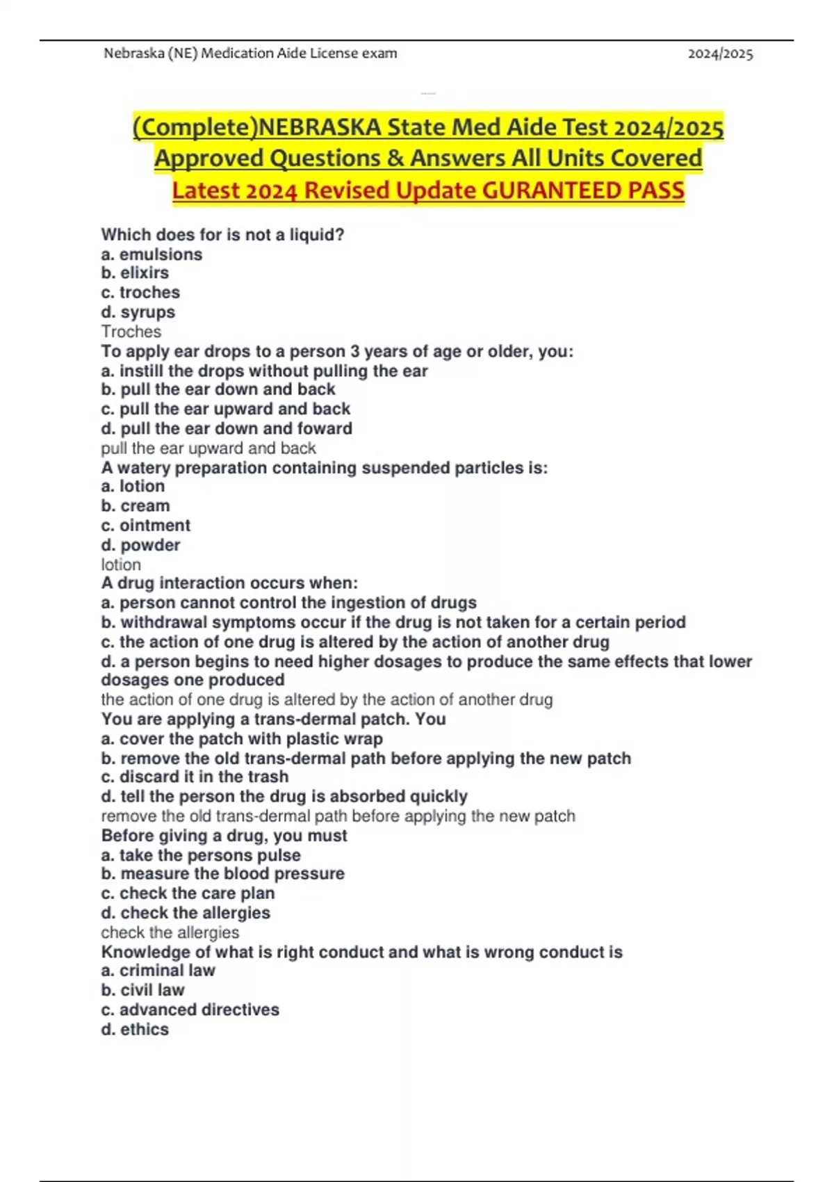 (Complete)NEBRASKA State Med Aide Test 2024/2025 Approved Questions ...